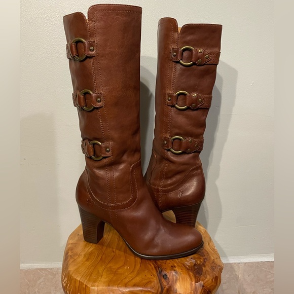Frye | Shoes | Frye Women Brown Leather Boots Fiona 3 Strap 85 Heeled ...